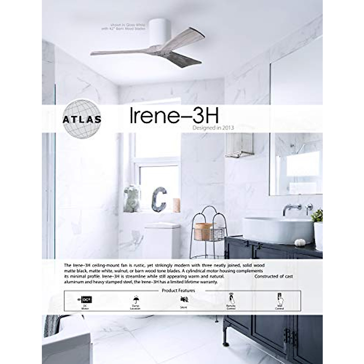 Matthews IR3H-BW-MWH-60 Irene Indoor/Outdoor Damp Location 60" Hugger with Remote & Wall Control, 3 Solid Wood Blades, Barnwood