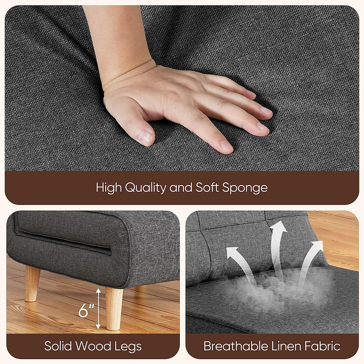 Ahomly 3 in 1 Convertible Chair Bed, Sleeper Chair Futon Sofa Bed with Adjustable Backrest, Futon Chair for Living Room Guest Room Apartment Small Space, Grey