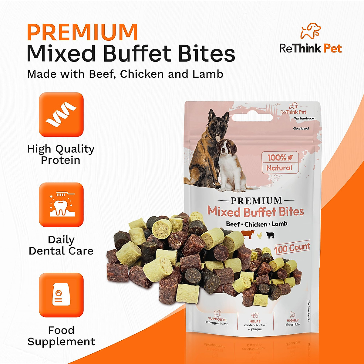 ReThink Pet 100 Pieces Dog Training Treat, Protein Rich Bites with Beef, Lamb & Chicken, High Digestible, Healthy Dog Training Treats, Great Tasting, Long Lasting, Dog Chew, Suitable for Small Dog