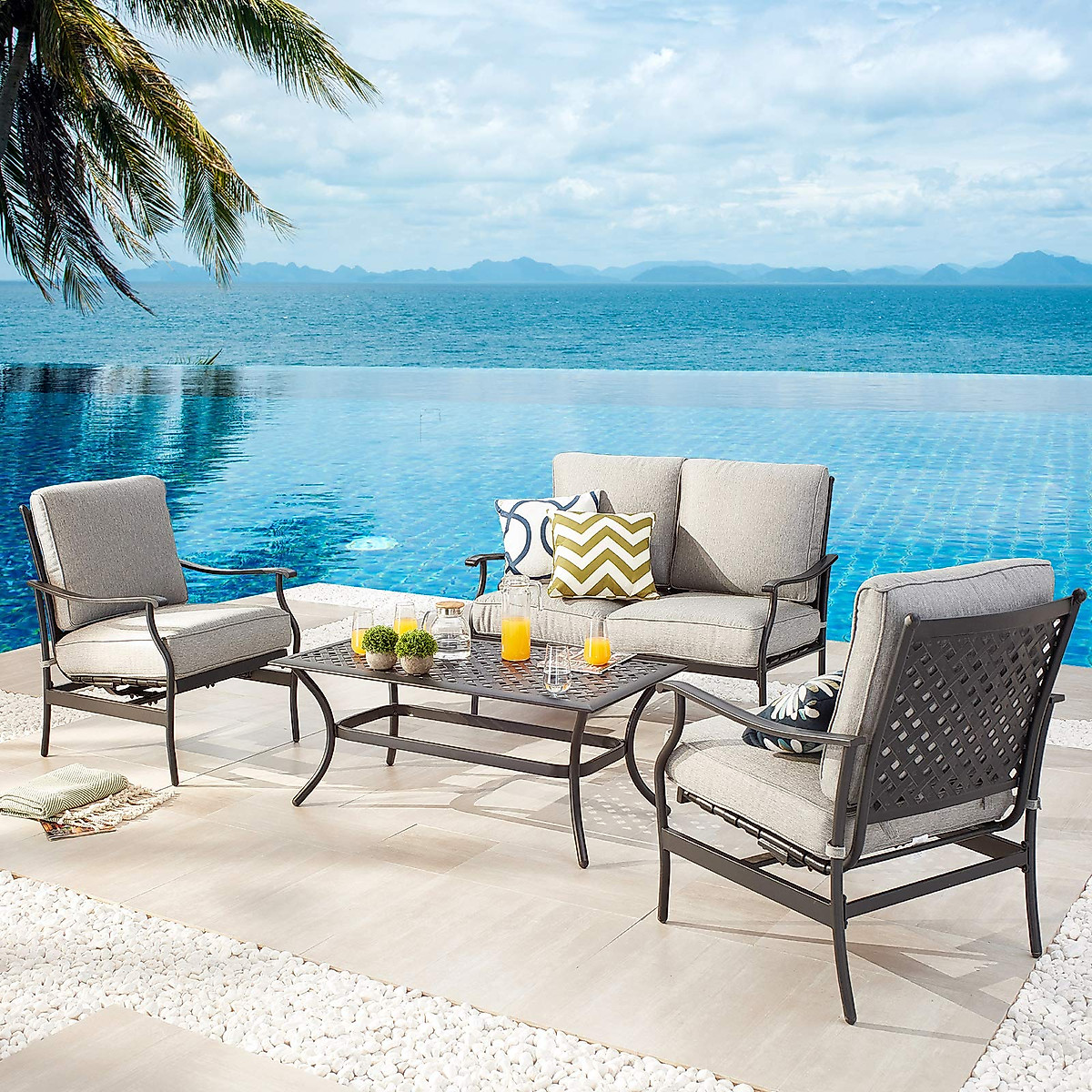 Sports Festival 4 Pieces Outdoor Furniture Patio Conversation Set All Weather Black Metal Armchairs Loveseat with Seat and Back Cushions Rectangle Coffee Table for Deck Lawn Garden (Grey)