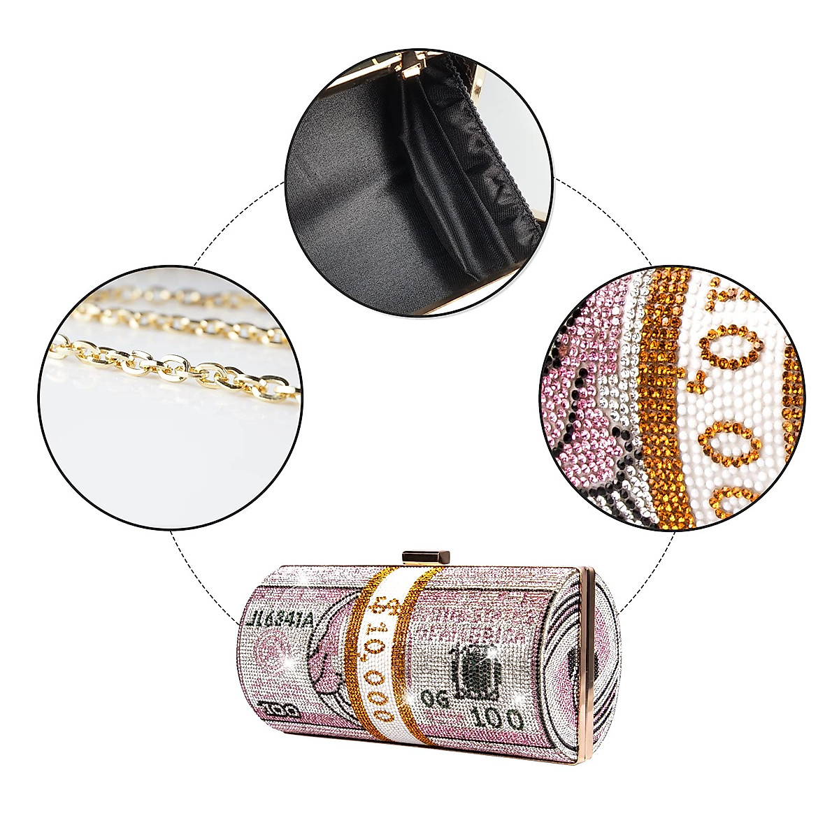 Gripit Rhinestone Clutch Purses for Women,Realistic Money Bag Purses for Party Diamond Novelty Purse Evening Handbag with Metal Chain,Pink