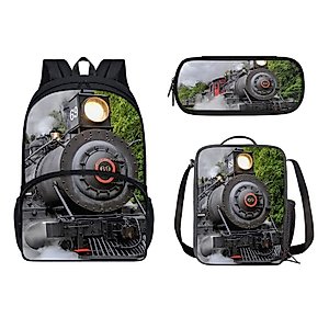 Poetesant 3D Train School Bag for Boys Girls Lunch Tote Bag Pen Pouch Lightweight School Backpack Lunch Box Pencil Pouch for High School Kids Back To School Gifts