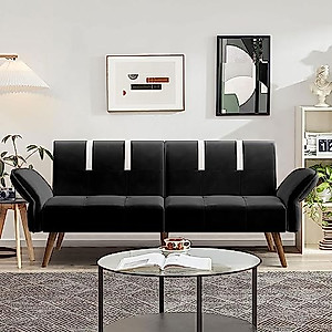 Shintenchi Futon Sofa Bed Modern Folding Sleeper Couch Bed for Living Room,Velvet Loveseat Sofa Couch Sofa cama for Apartments Office Small Spaces,w/Adjustable Armrests Backrest,Black
