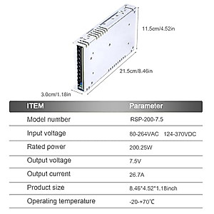 TorqCali RSP-200-7.5 200W Single Output Power Supply 7.5V 26.7A Constant Current with PFC, Enclosed Type for Robotics, Industrial Automation, and LED Lighting