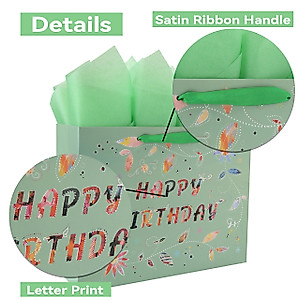 13” Large Happy Birthday Gift Bag Set with Handles, Greeting Card, Tissue Papers and Stickers for Women Girls, Green Floral Design, 1 Pcs
