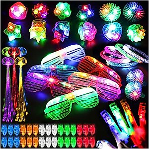 78PCs LED Light Up Toy Party Favors Glow In The Dark,Party Supplies Bulk For Adult Kids Birthday Halloween With 50 Finger Light, 12 Jelly Ring, 6 Flashing Glasses, 5 Bracelet, 5 Fiber Optic Hair Light