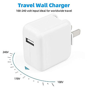 12W USB Wall Charger Compatible with iPad 4/ Mini 2 3 4 / Air 2/ Pro 12.9 / iPhone Xs Max/XS/XR/X/ 8 7 6s 6 Plus,Foldable Portable Travel Block Plug and 1 Pack Lightning Cable