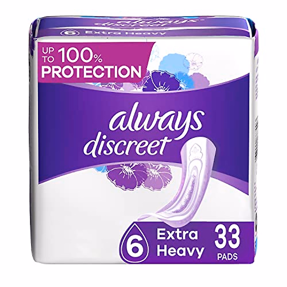 Always Discreet Incontinence Pads for Women and Postpartum Pads, Extra Heavy, 33 CT, up to 100% Bladder Leak Protection