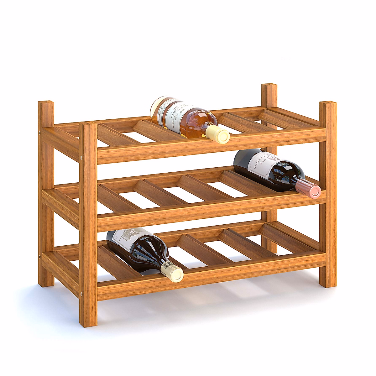 INTERBUILD Solid Hardwood Wine Rack Storage Shelf 3-Tier Stackable Freestanding Wine Bottle Holder 15 Bottles, Golden Teak