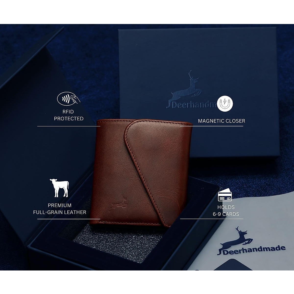 DEERHANDMADE Leather Wallet for Men | Fancy Bifold Handcrafted Mens Wallet with Magnetic closer & RFID Protection | Holds 6-10 Cards,1 ID Window, Cash Components (Garnet Edition, Dark Brown)