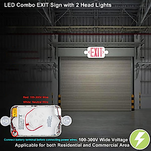 LIT-PaTH LED Combo EXIT Sign with 2 Adjustable Head Lights and Back Up Batteries- US Standard Red Letter Emergency Exit Lighting, UL 924 and CEC Qualified, 120-277 Voltage, 4-Pack