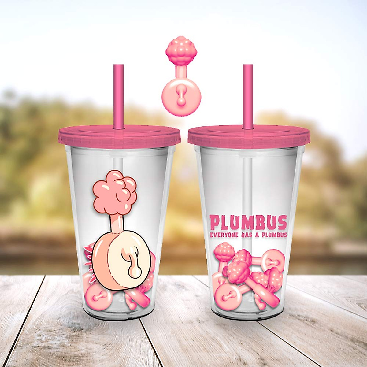 Official Rick and Morty Plumbus Travel Tumbler with Reusable Straw and Lid 16 oz With 5 Plumbus Plastic Ice Cubes, Tiki Style, Double Wall, Soda Beer Juice Drinking cup, BPA Free By JustFunky