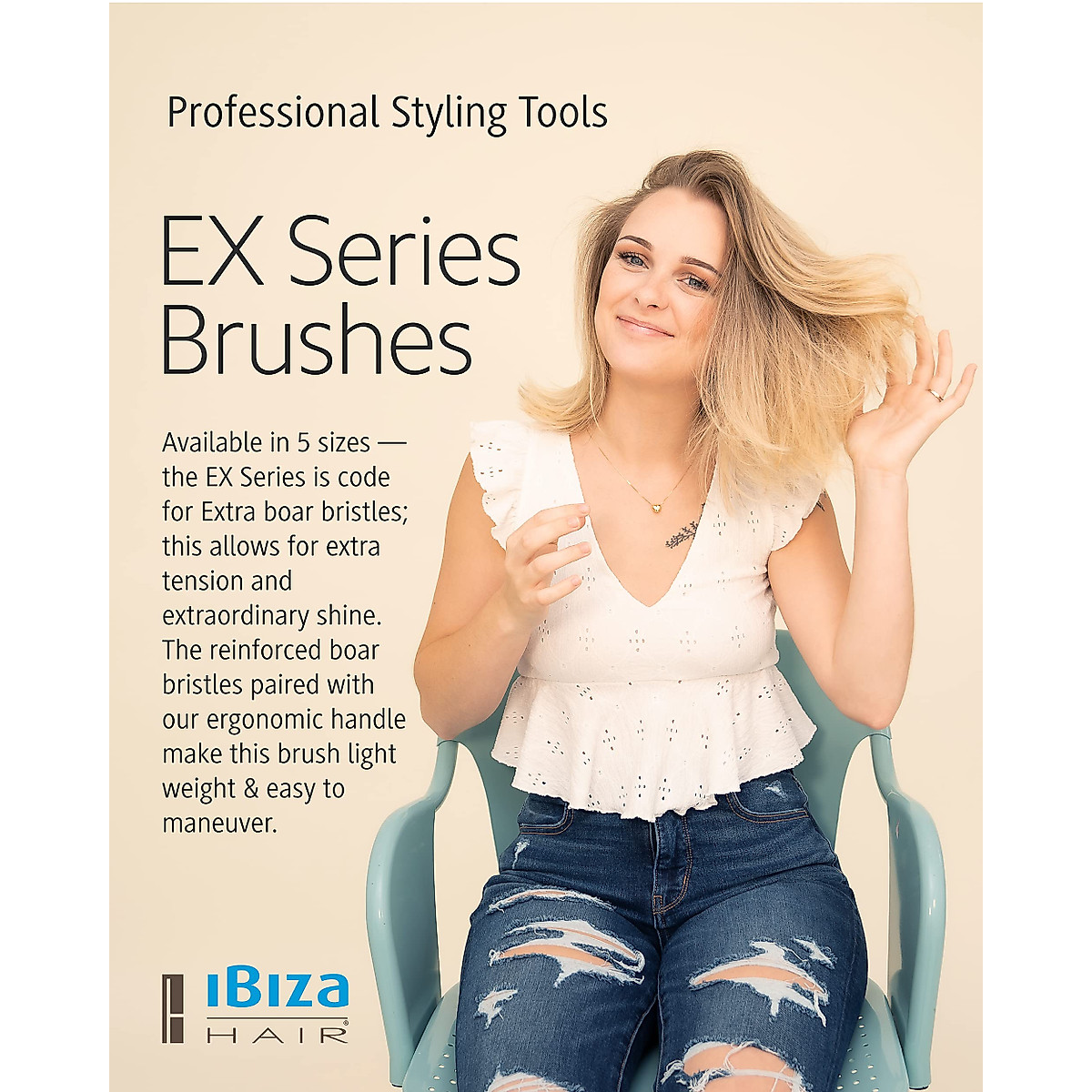 Ibiza Hair Round Boar Bristle Brush (EX5-80mm) | Lightweight with Reinforced Bristles & Cork Handle | Ideal for Loose Curls & Big Volume | Adds Texture & Shine for Medium to Long Styles