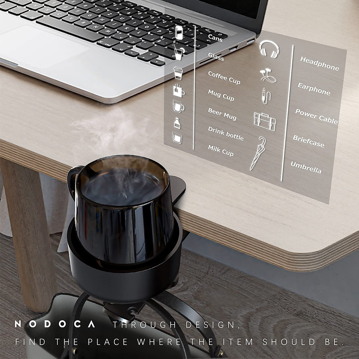 NODOCA Desk Cup Holder, 3.3 inches Diameter Cup Holder with 2 Space Saving Hangers for Headset/Bag/Hat, 360 Degree Rotation Desk Drink Holder, Headphone Hanger for Office, Home(Black)