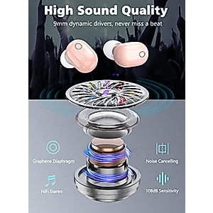 Wireless Earbuds, Bluetooth Earphones Stereo HiFi Sound Noise Cancelling with Built-in Microphone, True Wireless Headphones In-Ear Earbuds for Sports and Work, Compatible with iPhone, Android- Pink
