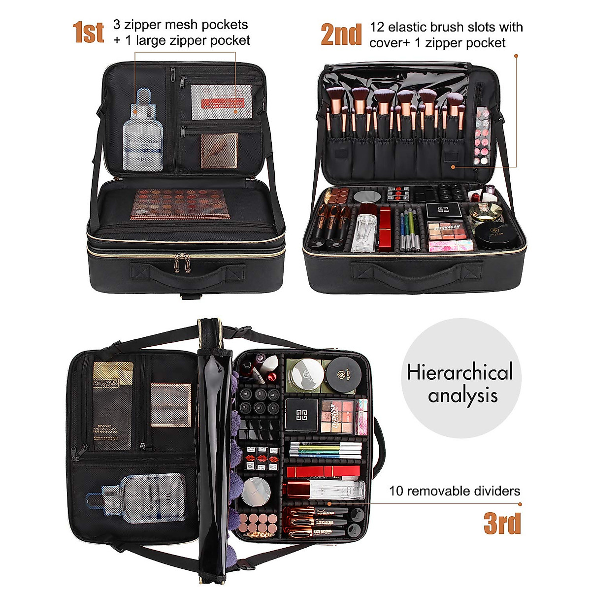 Relavel Makeup Case Large Makeup Bag Professional Train Case 16.5 inches Travel Cosmetic Organizer Brush Holder Waterproof Makeup Artist Storage Box, 3 Layer Large Capacity, with Adjustable Strap