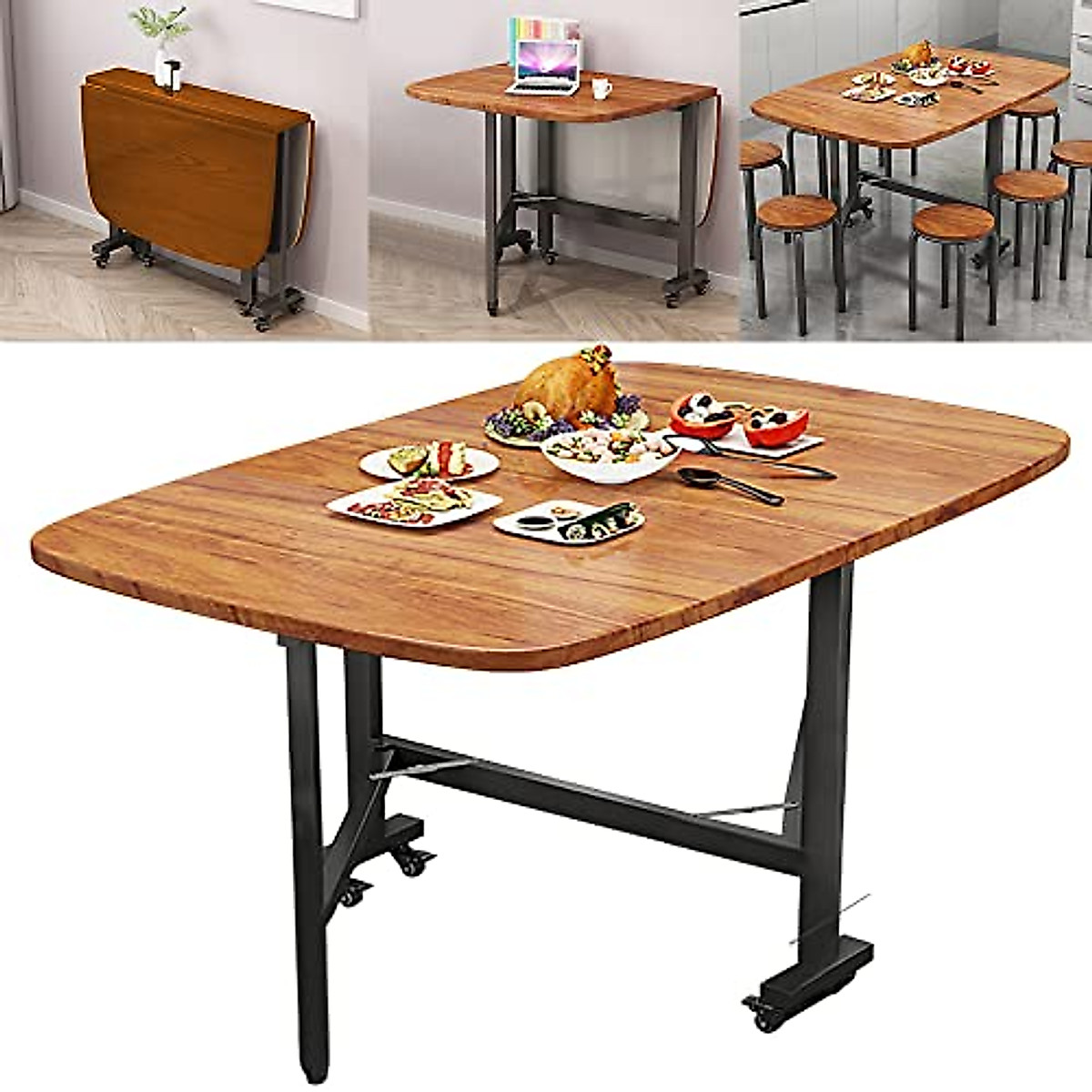 Rukulin Drop Leaf Dining Table – Solid Wooden Foldable Kitchen Table with 6 Wheels for Dining Room (Brown)