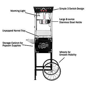 Great Northern Popcorn Company Black Matinee Movie 8 oz. Ounce Bar Style Antique Popcorn Machine, w/ cart