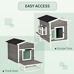 PawHut Wooden Cat House Outdoor with Door, Weatherproof 2-Floor Cat Shelter with Asphalt Roof, Balcony, Dark Gray