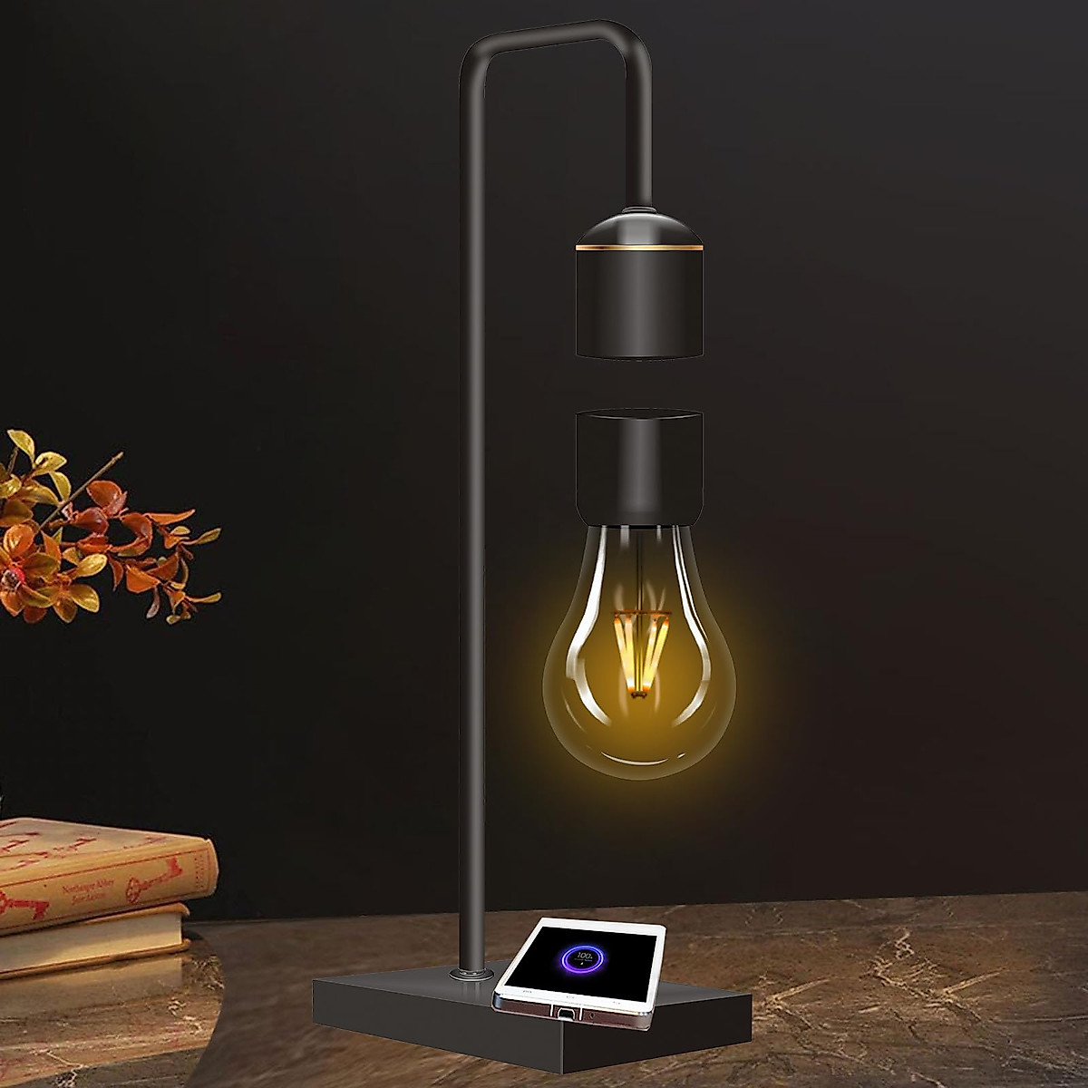 Floatidea Magnetic Levitating Light Bulb with Luxury Wireless Charging Pad (Apple/Android) Levitation Plastic Black Floating Table Lamp White LED Night Light for Bedrooms Desk Toys Office Gifts