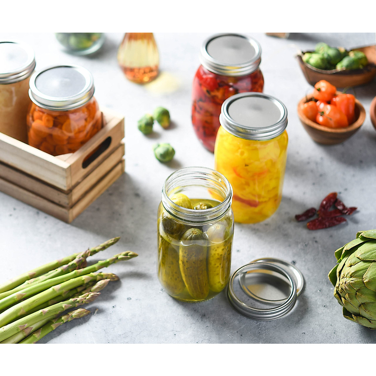 Quality Glass Mason Jars 32 Ounce (6 Pack) Regular Mouth Glass Mason Jar with Lids & Bands, Dishwasher Safe. Ideal for Canning, Pickling, Jam, Meal Prep, Food Storage - Bonus Chalkboard Label & Pen