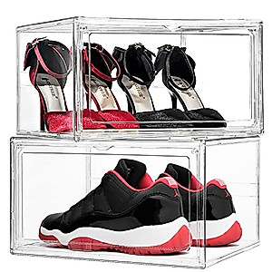 Shoe Storage Box closet organizers - 2 PCS Clear Plastic Stackable Shoe Organizer for Closet, Ventilation and Dust-proof X-Large Shoe Sneaker display case Fit up to Size 14