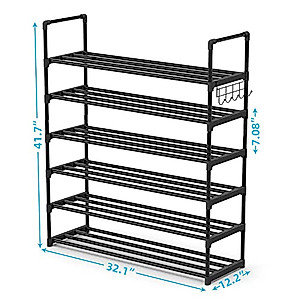 Hsscblet 6 Tiers Metal Shoe Rack,Adjustable Shoe Shelf Storage Organizer with Versatile Hooks,Stackable Boot & Shoe Storage,for Entryway,Hallway,Living Room,Closet,Black