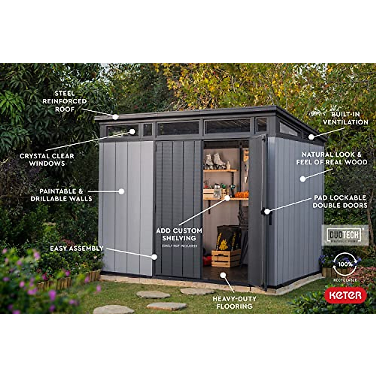 Keter Artisan 9x7 Foot Large Outdoor Shed with Floor with Modern Design for Patio Furniture, Lawn Mower, Tools, and Bike Storage, Grey