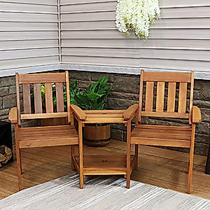 Sunnydaze Meranti Wood with Teak Oil Finish Outdoor Jack-and-Jill Chairs with Attached Table - 2-Chair Tete-a-Tete Furniture Set for Garden, Lawn, Porch, Balcony and Lawn - 65-Inch