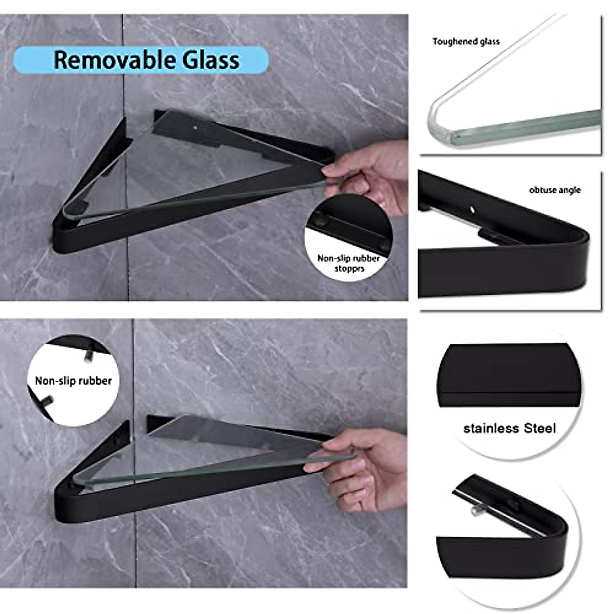 LOREAD 2-Layer Glass Corner Shelf Bathroom Wall Shelf, Tempered Glass Bathroom Floating Shelves Wall-Mounted, Shower Storage Organizer Rack (Black-Triangle)