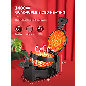 Waffle Maker, Belgian Waffle Maker Iron 180° Flip Double Waffle, 8 Slices, Rotating & Nonstick Plates, Removable Drip Tray Easy to Clean, Cool Touch Handle, Handle Lock for Easy Storage, 1400W (Red)