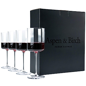 Aspen & Birch - Modern Wine Glasses Set of 4 - Red Wine Glasses or White Wine Glasses, Premium Crystal Stemware, Long Stem Wine Glasses Set, Clear, 15 oz, Hand Blown Glass Crafted by Artisans