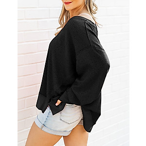 ASTANFY Womens Long Sleeve Sweatshirts Waffle Knit Shirts V Neck Solid Color Pullover Casual Loose Fit Tunic Tops
