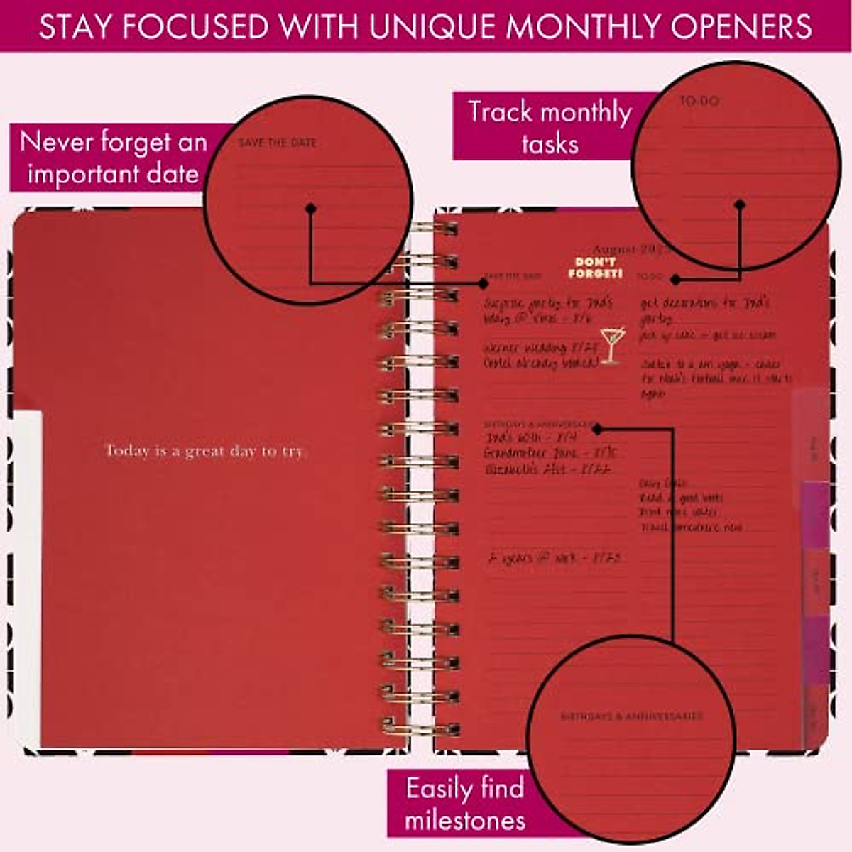 Kate Spade New York Daily Planner 2023-2024, Mega Planner August 2023 - December 2024, Hardcover Spiral Planner, Weekly Planner with Monthly Calendar, Stickers, & Pockets, Black Spade Flower