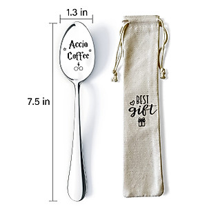 Ptzizi Funny Accio Coffee Engraved Stainless Steel Coffee Spoon for Coffee tea lovers, Book Lover Bookworm Friends Harry Potter Fan Birthday, Valentine, Christmas Gifts, Silver, 1.3x7