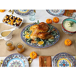 Euro Ceramica Zanzibar Collection Vibrant 12.75'' Ceramic Round Serving Bowl, Spanish Floral Design, Multicolor