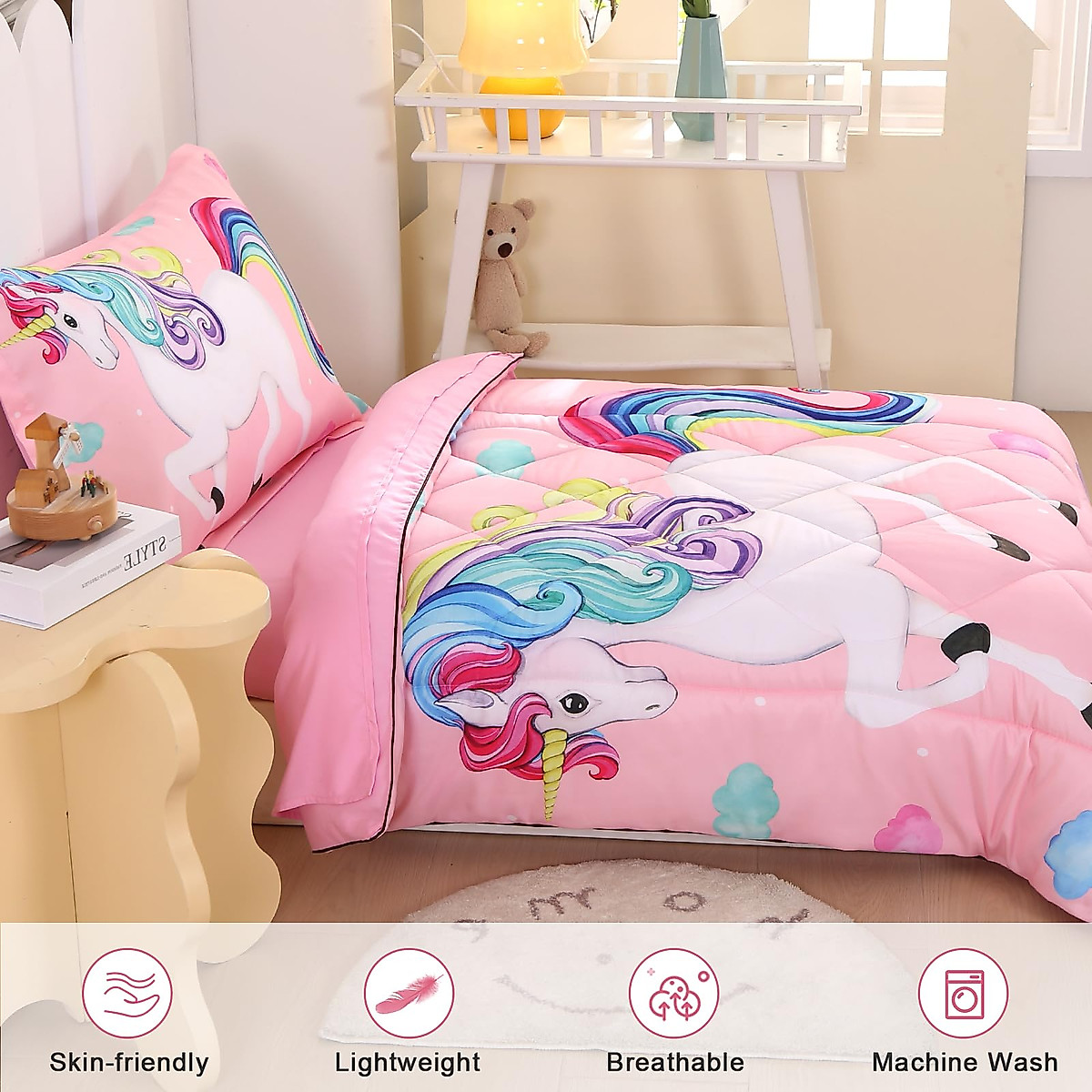 Wowelife Unicorn Toddler Bedding Set for Girls, Rainbow 4 Piece Toddler Bed Sheets Sets Pink Toddler Comforter Set Kids Bag in A Bag with Comforter, Flat Sheet, Fitted Sheet and Pillowcase, Pink