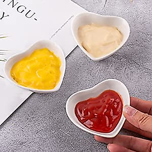 DELLING 12 Pack Soy Sauce Dishes/Bowls, Heart Shaped Dip Bowls Set, Sauce Cups/Ceramic Dipping Bowls, Mini Serving Bowls for Side Dishes, Soy Sauce, Ketchup, Sushi, BBQ and Party Dinner- White, 1Oz