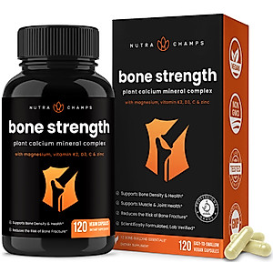 Bone Strength Supplements | Plant Based Calcium Supplement 600mg | Vitamin D3 2000 IU, K2, Magnesium, Potassium, Zinc, Boron & Strontium | Whole Food Supplement for Bone Health | 120 Vegan Capsules