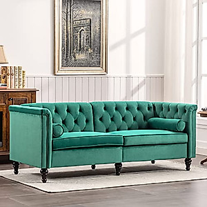 TTGIEET 76'' W Velvet Sofa Mid-Century Modern Love Seats, 3 Seater Sofa Couch with Two Bolster Pillows, Tufted futon Sofa Furniture for Living Room Bedroom Office （Green）