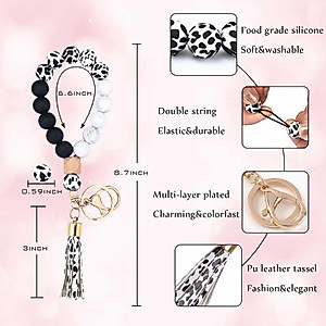 BAOSIWA Silicone Key Ring Bracelet Wristlet Keychain Cow Print Beaded Bangle Key Chains for Women with Leather Tassel…