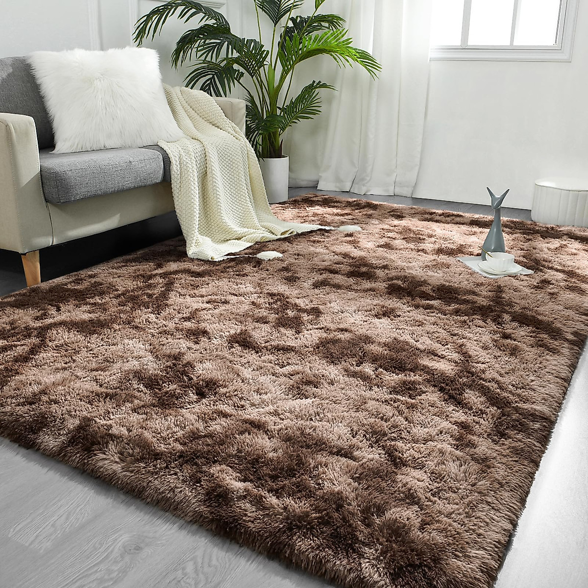 FlyDOIT 8x10 Feet Large Area Rugs for Living Room, Tie-Dyed Coffee Shaggy Rug Fluffy Throw Carpets, Ultra Soft Plush Modern Indoor Fuzzy Rugs for Bedroom Girls Kids Nursery Room Dorm Home Decor