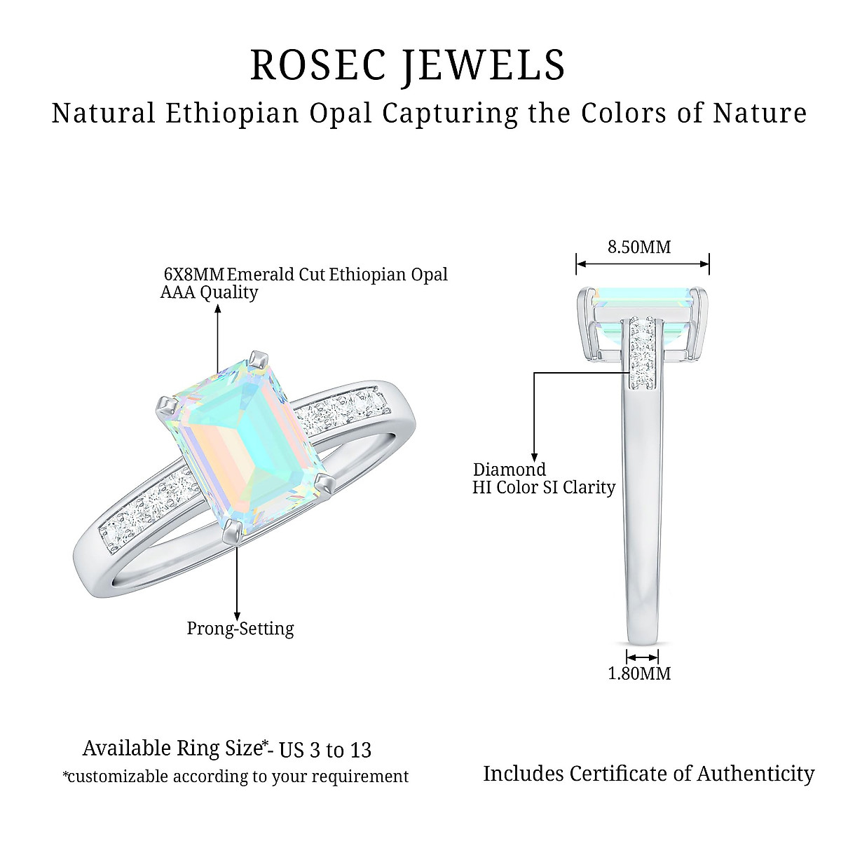 Certified Opal 6X8mm Emerald Cut Engagement Ring, AAA Quality, Natural Opal Diamond Solitaire Ring - With Jewelry Box, 14K White Gold, Size:US 10.00