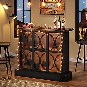 Tribesigns Home Bar Unit, Industrial Liquor Bar Table with Storage and Glasses Holder, 3-Tier Wine Bar Cabinet Mini Bars with Acrylic Front for Home Kitchen Pub (Black)