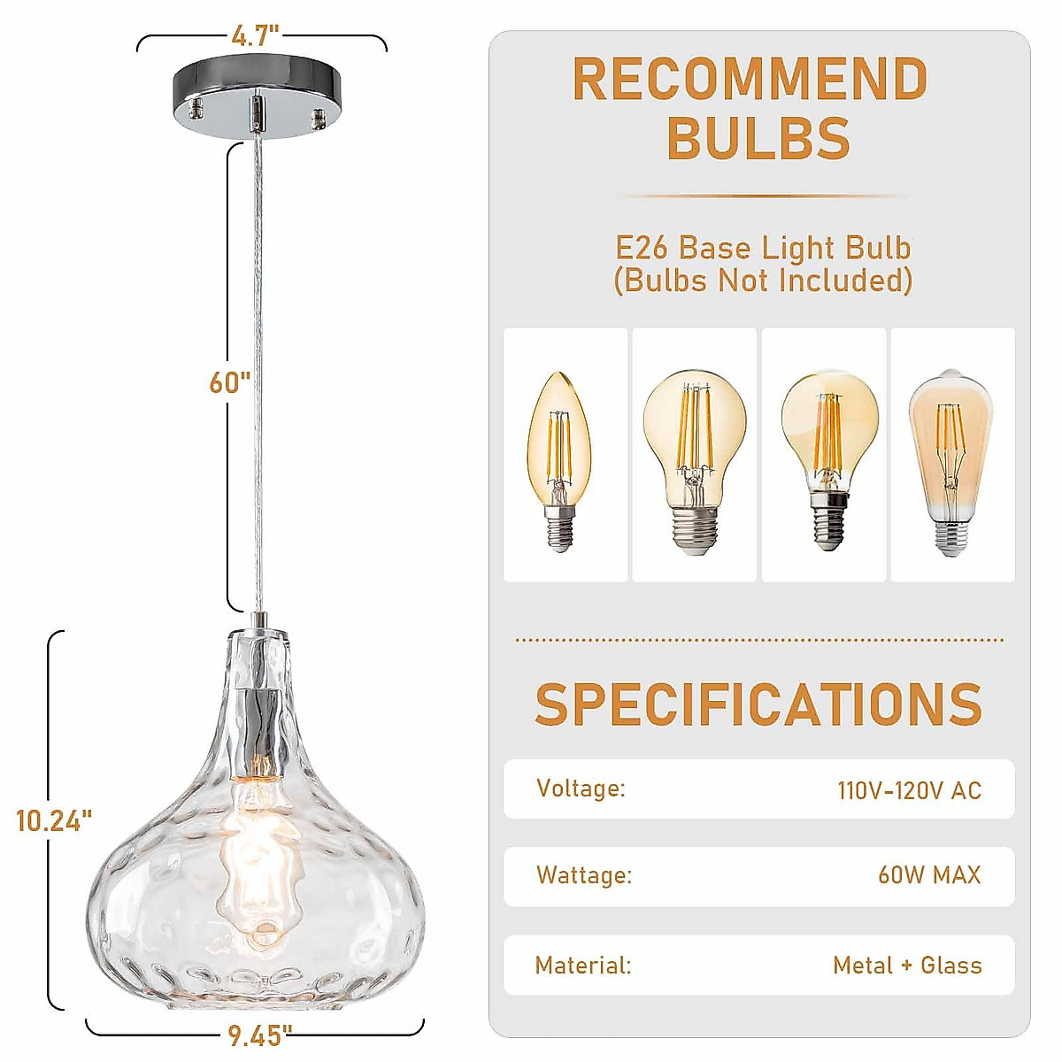 kelary Glass Pendant Light Hammered Clear Pendant Lighting Adjustable Glass Light Ceiling Fixture for Hallway, Kitchen Sink, Dinning Room, Living Room 2packs