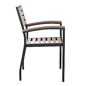 Flash Furniture 5 Piece Outdoor Dining Table Set - Synthetic Teak Poly Slats - 35" Square Steel Framed Table with Umbrella Holder Hole - 4 Stackable Club Chairs