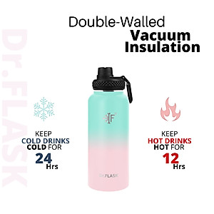 Dr.FLASK Sports Water Bottle - 32 Oz, 3 Lids (Straw Lid), Leak Proof, Vacuum Insulated Stainless Steel, Double Walled, Thermo Mug, Metal Canteen