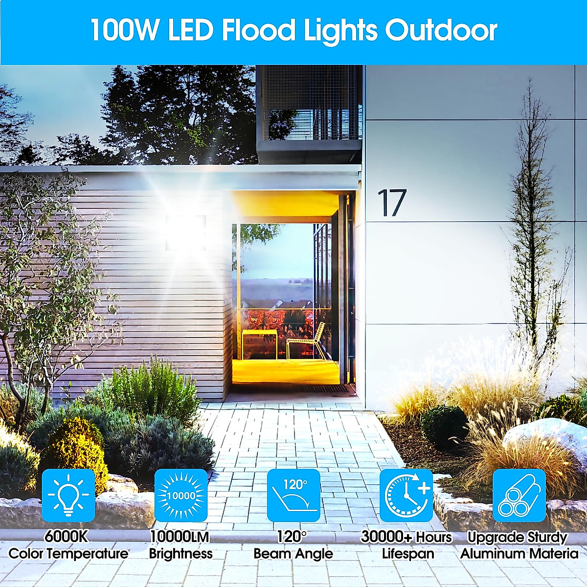 Yolovis Flood Lights Outdoor with Plug,100W 10000LM Super Bright LED Work Light,IP66 Waterproof Security Light,Outside Floodlight for Garage,2 Pack