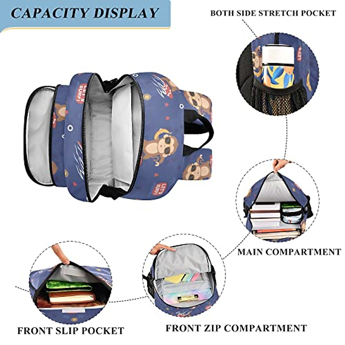 Vnurnrn Kids Backpack Surfing Monkey Print Big Storage Multi Pockets 17.7 IN School Backpack with Chest Buckle Reflective Strip for Boys Girls 6+ years in Primary Middle High School