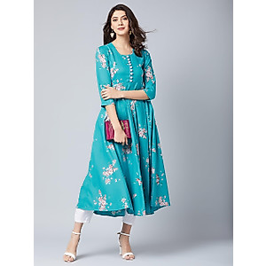 Tissu Women's Rayon Turquoise Floral Printed A-Line Kurta (1937_Blue_S)